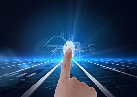 Human Finger Scanning Over Biometric Scanner Against Microprocessor Connections On Blue