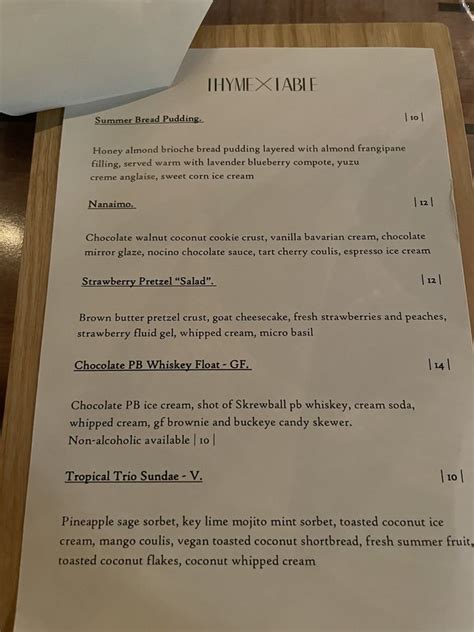 Thyme Table Menu Full Menu Update 2026