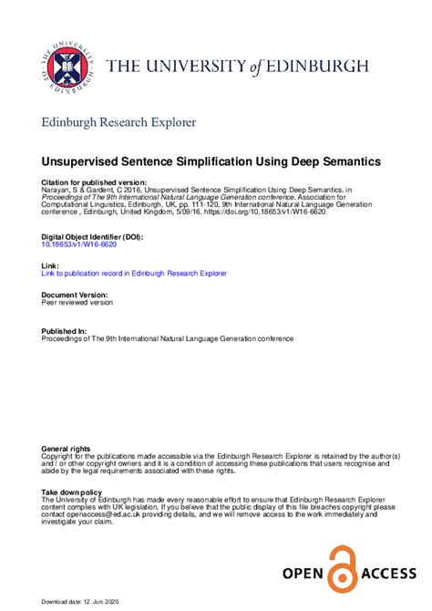 Pdf Unsupervised Sentence Simplification Using Deep Semantics