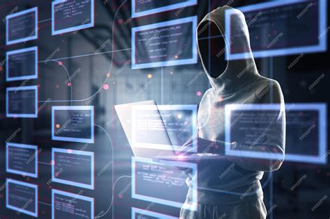 Premium Photo Hacker Standing And Using Laptop With Abstract Creative