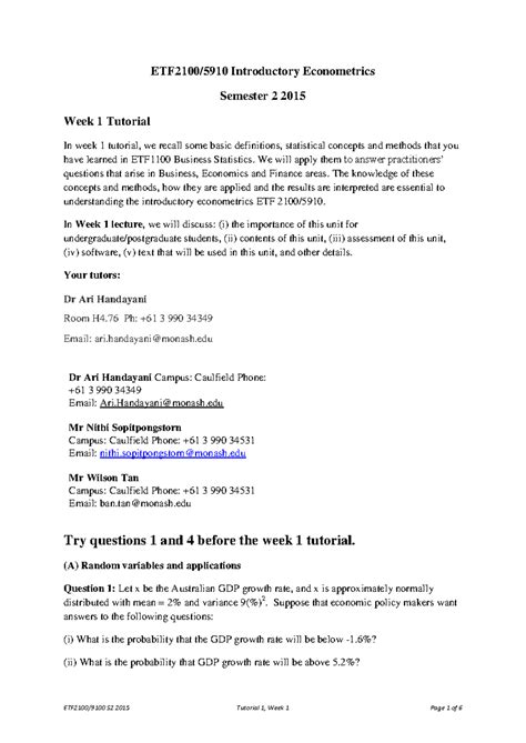 Tutorial Work Week 1 12 Etf21005910 Introductory Econometrics