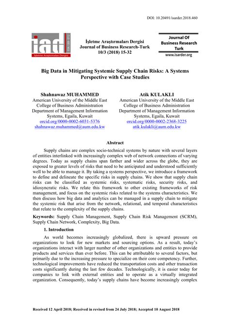 Pdf Big Data In Mitigating Systemic Supply Chain Risks A Systems