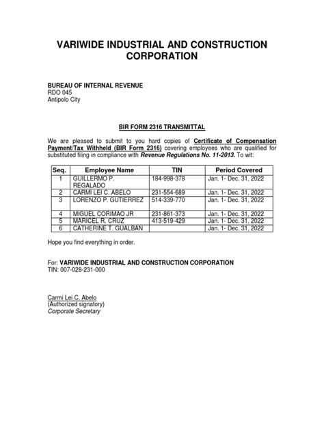 Bir Form 2316 Transmittal Pdf