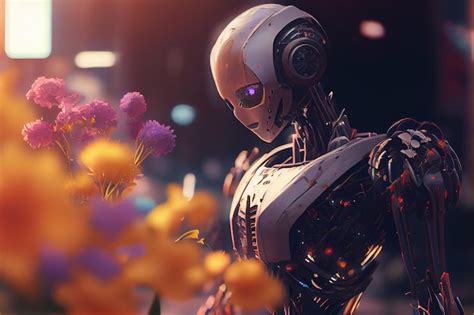 Premium Photo A Human Like Ai Robot Collects Flowers The Robotic Object Experiences Feelings