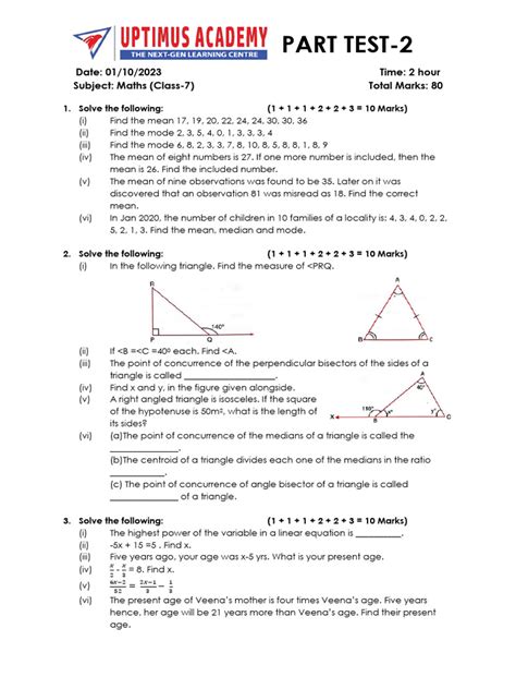 Maths Class 7 Part Test 2 Pdf Mean Arithmetic