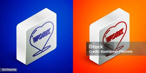 아이소메트릭 라인 파란색과 주황색 배경에 격리 된 텍스트 작업 아이콘이있는 심장 실버 스퀘어 버튼 벡터 일러스트레이션 개념에 대한 스톡 벡터 아트 및 기타 이미지 Istock