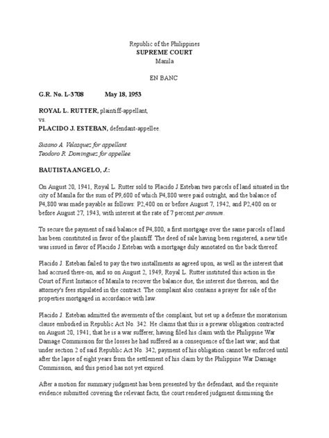 C205 Rutter Vs Esteban G R No L 3708 May 18 1953 Pdf Contract Clause Mortgage Law