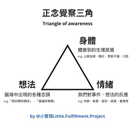 了解自己，從這三個層面開始 在正念、內觀的領域中，有一個常見的框架「覺察三角」可以幫助人了解自我。簡單來說就是從這三個角度來感受自己： 1 身體：感受生理感覺，如臉頰發燙、口乾舌燥、頭一陣暈