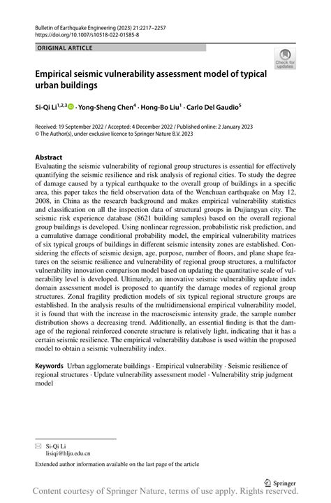 Empirical Seismic Vulnerability Assessment Model Of Typical Urban Buildings Request Pdf