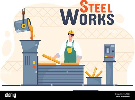 Steelworks Vector Illustration With Resource Mining Smelting Of Metal In Big Foundry And Hot