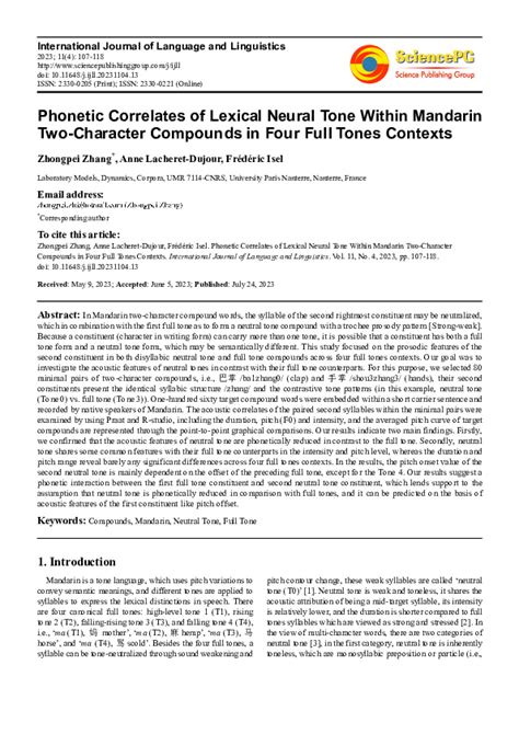 Pdf Phonetic Correlates Of Lexical Neural Tone Within Mandarin Two