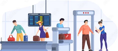 Passengers Passing Through Scanner Checkpoint Gate At Airport People Putting Luggage On