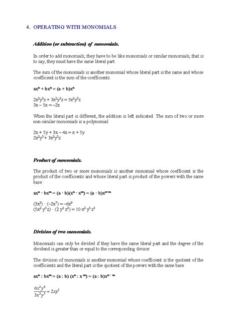 4 Operating With Monomials Operating With Monomials Addition Or Subtraction Of Monomials In