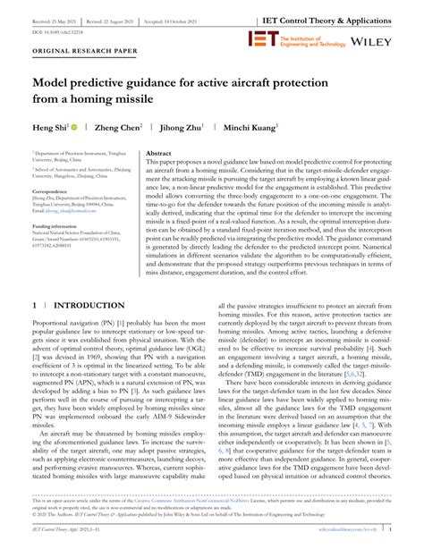 Pdf Model Predictive Guidance For Active Aircraft Protection From A Homing Missile