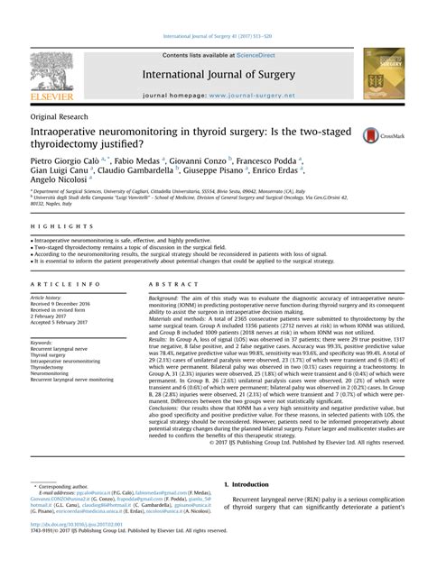 Pdf Intraoperative Neuromonitoring In Thyroid Surgery Is The Two Staged Thyroidectomy Justified