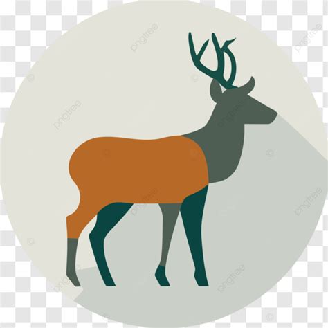 위에 긴 그림자가 있는 주황색과 갈색 원의 사슴 실루엣 벡터 흰색 배경에 순록의 단순한 다채로운 아이콘 그림자 없음 작은 프레임 중앙 Png 일러스트 및 벡터 에