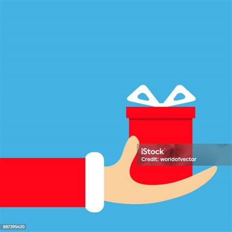 산타 클로스 손을 활과 선물 상자를 들고입니다 즐거운 성탄절 붉은 의상 모피입니다 주는 Tbox 존재 귀여운 만화 재미 문자 겨울 파란색 배경 평면 디자인 인사말 카드