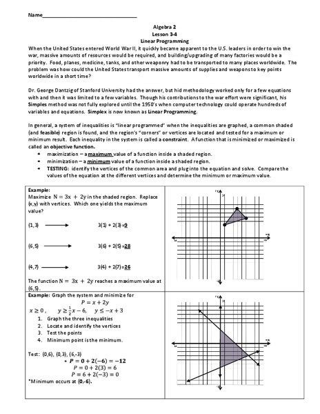 Linear Programming Worksheet For 9th 12th Grade Lesson Planet