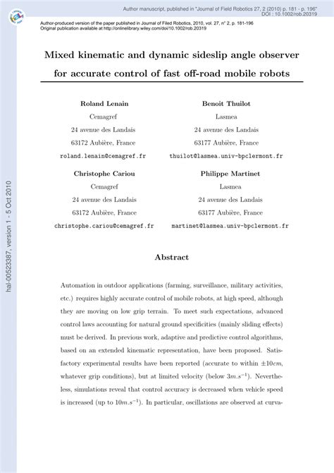 Pdf Mixed Kinematic And Dynamic Sideslip Angle Observer For Accurate Control Of Fast Off Road