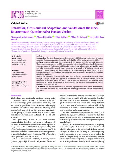 Pdf Translation Cross Cultural Adaptation And Validation Of The Neck Bournemouth