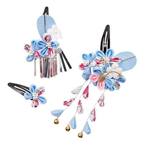 Otakumarket 七五三 髪飾り 成人式 3点セット 振袖 浴衣 和装 つまみ細工 髪 飾り 着物 髪飾り 袴 卒業式 結婚式 セット 三歳 七歳 女の子 ガールズ 4カラー ブルー