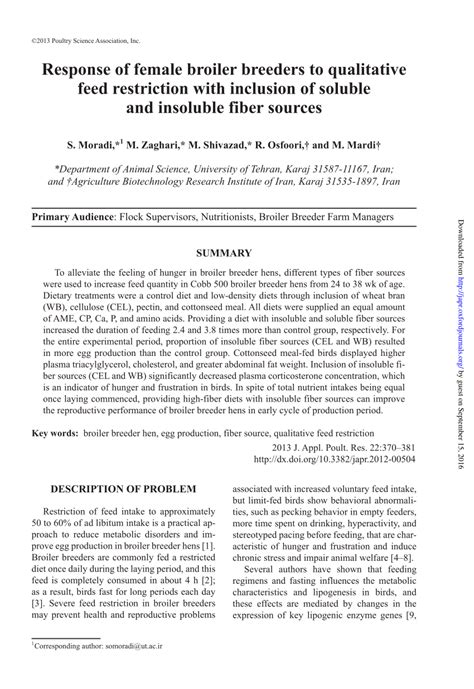 Pdf Response Of Female Broiler Breeders To Qualitative Feed Restriction With Inclusion Of