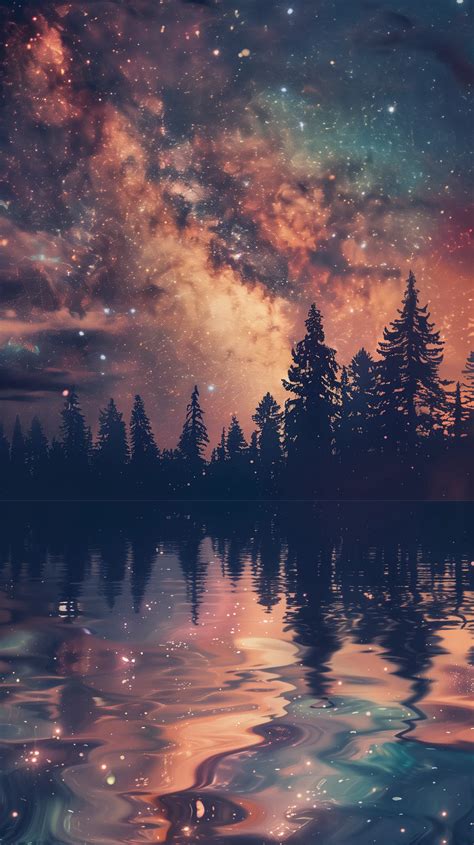 幻想的な夜空と湖面の星々｜イラスト・フリー素材なら「シンテリ」