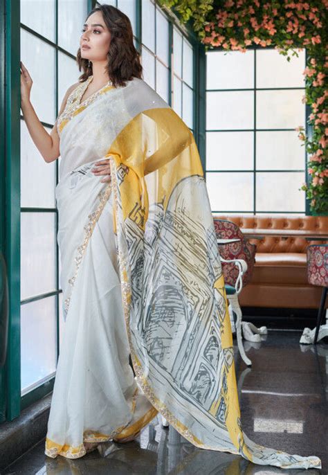 Buy Digital Printed Chinon Crepe Saree In Off White Online Shda738
