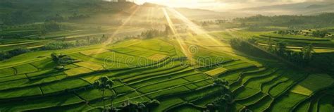 Bird S Eye View Of Agricultural Cultivated Seeded Fields Rice Farmland In The Rays Of The
