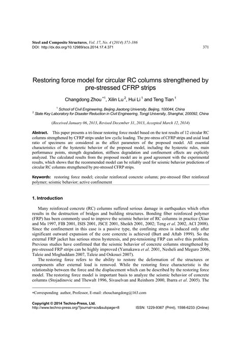 Pdf Restoring Force Model For Circular Rc Columns Strengthened By Pre