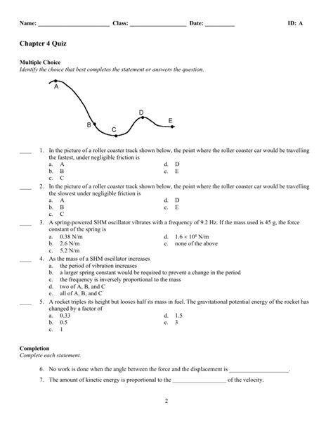 Chapter 4 Physics Quiz Energy Shm