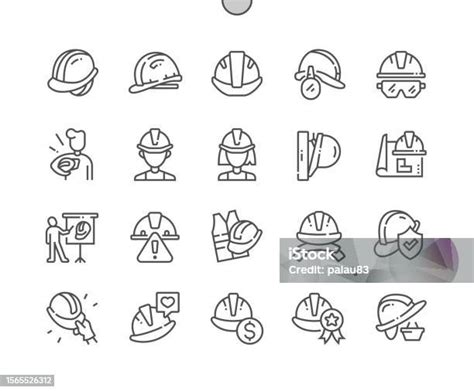 안전 헬멧 최고의 헬멧 건축 작업 보호 및 안전 픽셀 퍼펙트 벡터 가는 선 아이콘 간단한 최소 픽토그램 아이콘에 대한 스톡 벡터 아트 및 기타 이미지 Istock