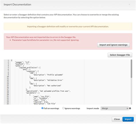 amazon web services error while importing formdata from swagger json