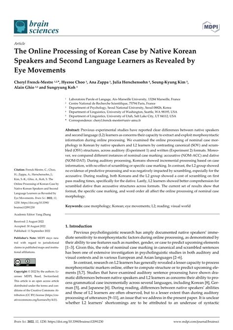 Pdf The Online Processing Of Korean Case By Native Korean Speakers And Second Language