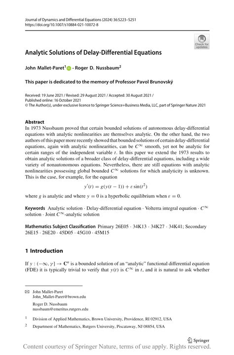 Analytic Solutions Of Delay Differential Equations Request Pdf