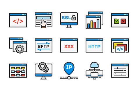 웹 호스팅 및 웹 사이트 개발 관련 컬러 라인 아이콘 Ip 브라우저 호스트 및 웹 사이트 벡터 선형 다채로운 아이콘 세트 흰색 배경에 격리된 아이콘 컬렉션입니다 0명에 대한