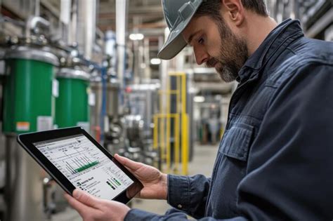 Industrial Worker Analyzing Data On Tablet In Factory Setting Premium Ai Generated Image