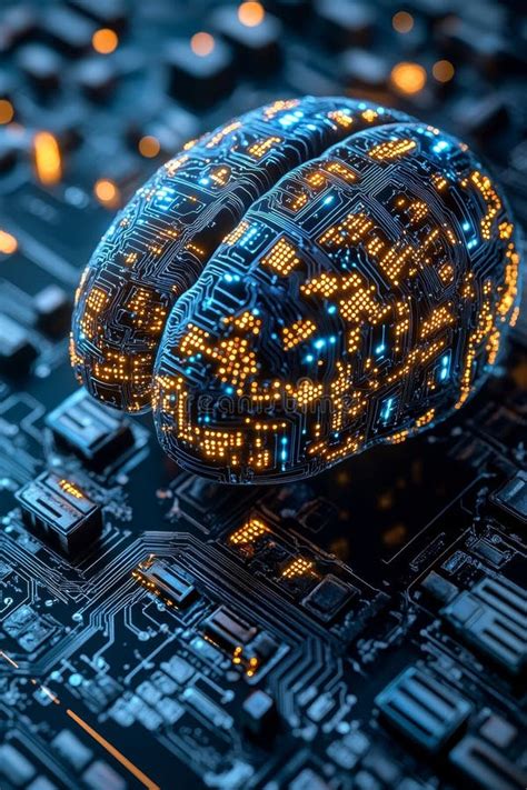 Digital Brain Circuit Board Technology Glowing Connections Data Flow Representation Stock