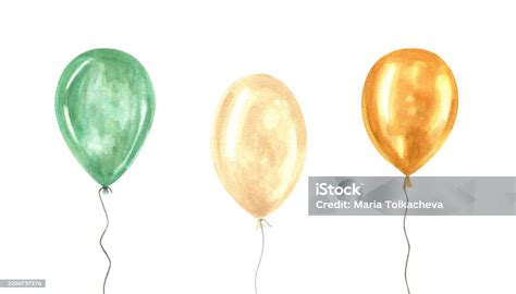 수채화 녹색 주황색 흰색 헬륨 풍선 문자열 세트 그림 흰색 배경에 고립되어 있습니다 생일과 파티 장식을 위한 다채로운 풍선 뭉치 축제 디자인을 위한 패트릭 데이 요소 3가지