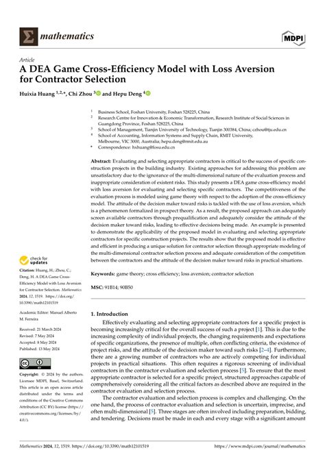 Pdf A Dea Game Cross Efficiency Model With Loss Aversion For Contractor Selection