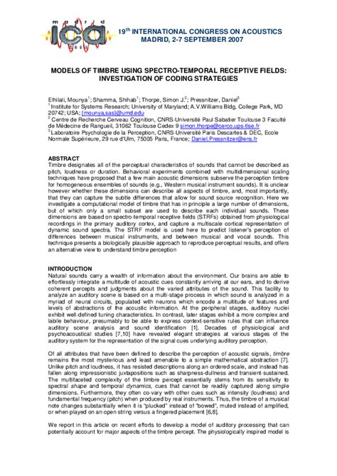 Pdf Models Of Timbre Using Spectro Temporal Receptive Fields