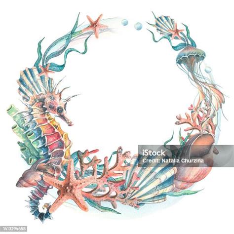 둥근 화환 해마가있는 프레임 해파리 조개 산호 및 불가사리 수채화 그림 열대 구성 해변 액세서리 인쇄물의 장식 및 디자인 산호초에 대한 스톡 벡터 아트 및 기타 이미지
