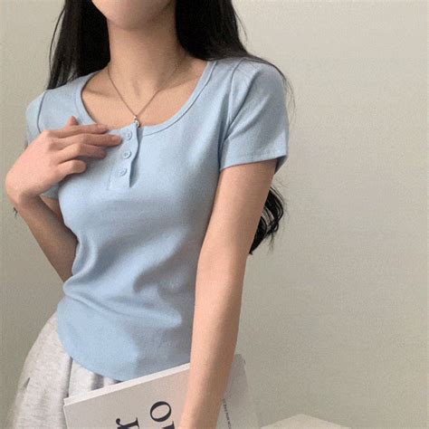 당일발송｜[made🤍 팔뚝반쪽핏 ] 파스텔톤 단추 유넥 기본 반팔티셔츠 5color 에이블리