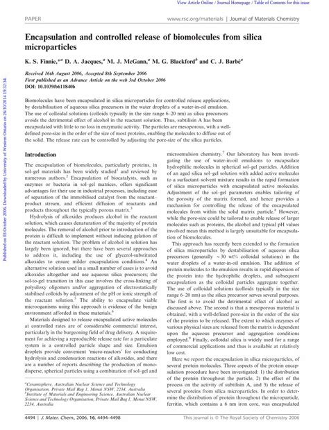 Pdf Encapsulation And Controlled Release Of Biomolecules From Silica Microparticles Dokumentips
