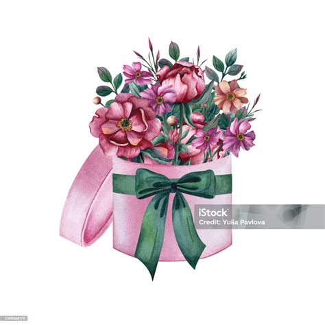 녹색 리본이 있는 분홍색 상자에 있는 꽃다발 고립 된 배경에 꽃 수채화 그림 봄 또는 여름 모란과 말미잘 선물 엽서 및 초대장 3 월 8 일 생일 0명에 대한 스톡 벡터