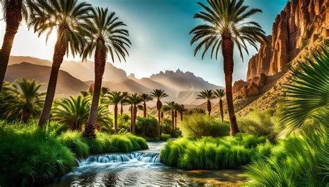 A Lush Green Oasis In The Desert With Palm Trees And Flowing Water