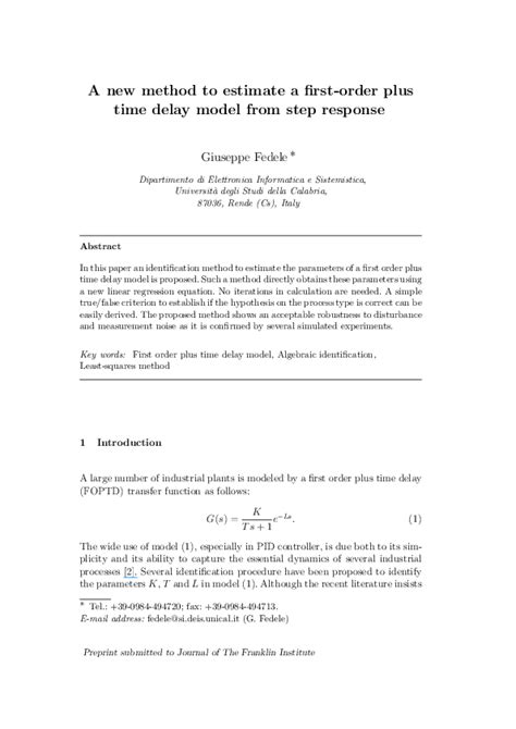 Pdf A New Method To Estimate A First Order Plus Time Delay Model From Step Response