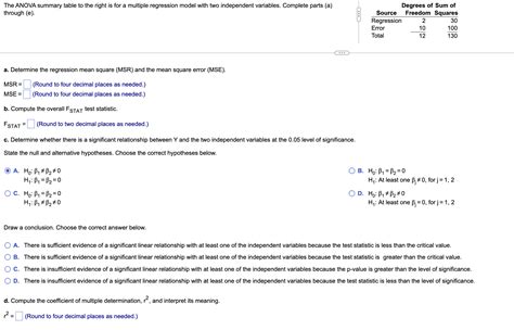 Solved The Anova Summary Table To The Right Is For A