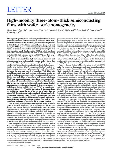 Pdf High Mobility Three Atom Thick Semiconducting Films With Wafer Scale Homogeneity