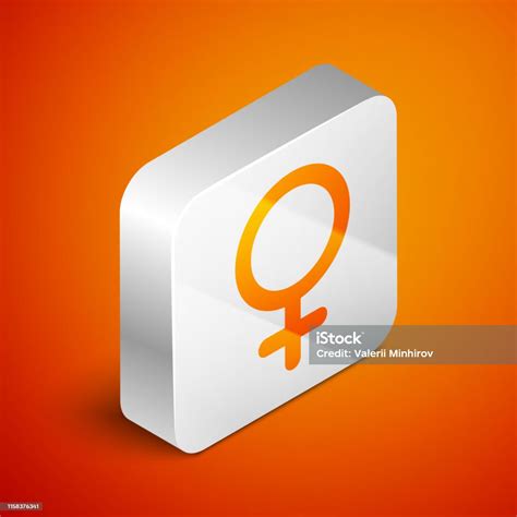 주황색 배경에 격리된 등각칭 여성 성별 기호 아이콘입니다 금성 기호입니다 여성 유기체 또는 여성의 상징 실버 스퀘어 버튼 벡터